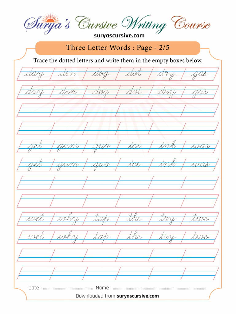 Cursive Words 3letters 4lines Page 2 | PDF