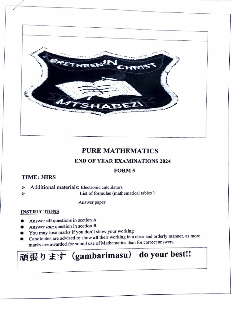 Pure Mathematics L6 End of Year 2024 | PDF | Mathematics | Applied Mathematics