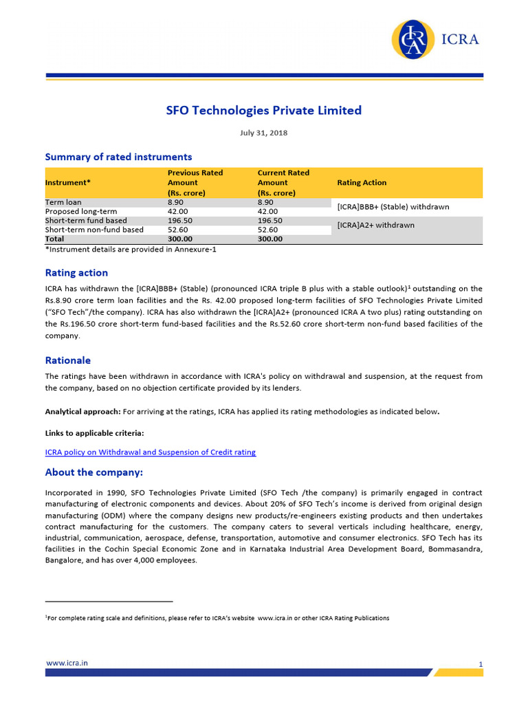 SFO Technologies Credit Rating Withdrawn | PDF | Credit Rating Agency ...