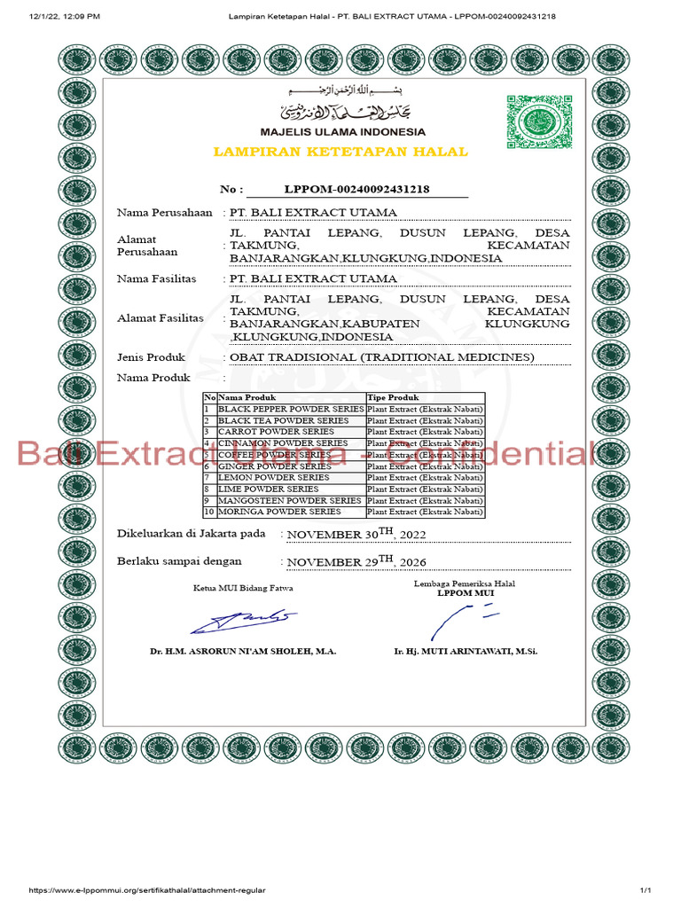 Sertifikat Halal PT. Bali Extract Utama | PDF