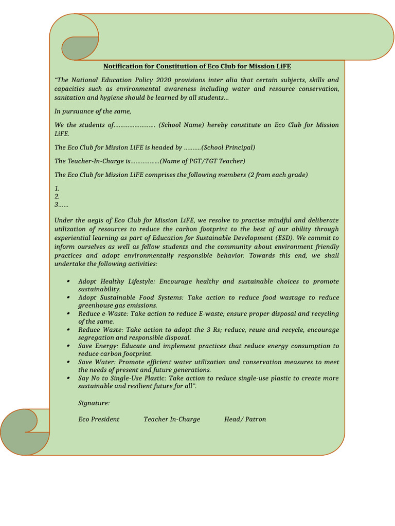 Eco Club Formation for Mission LiFE | PDF