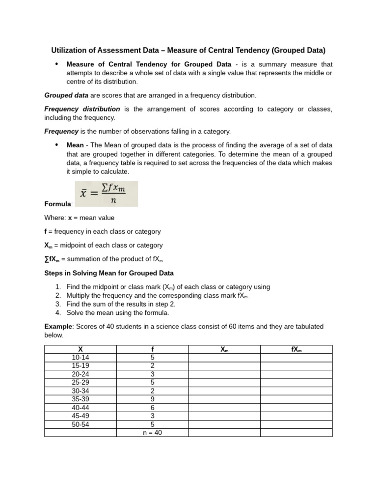 Measure of Central Tendency For Grouped Data | PDF | Mean | Median