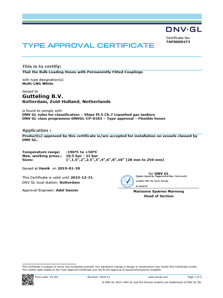 Type Approval Certificate for LNG Hoses | PDF | Mechanical Engineering