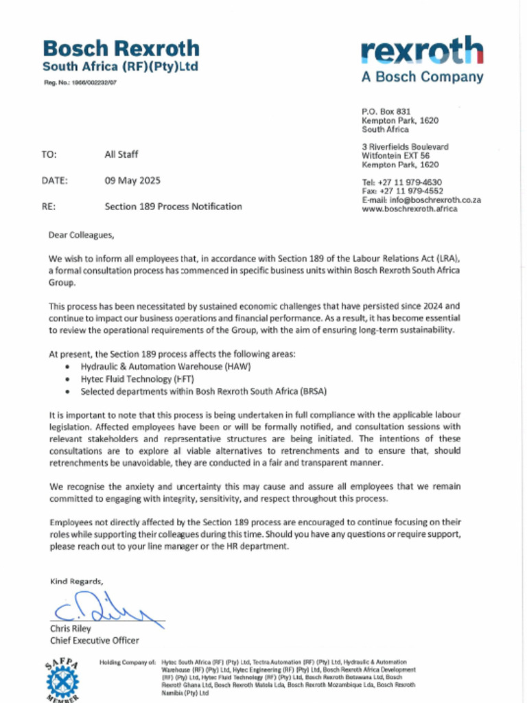 Internal Communication - Section 189 Process Notification | PDF