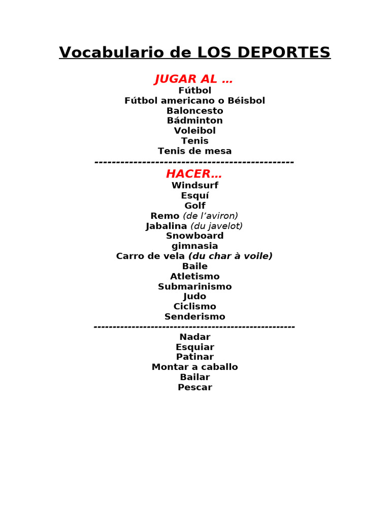 Vocabulario de Los Deportes | PDF