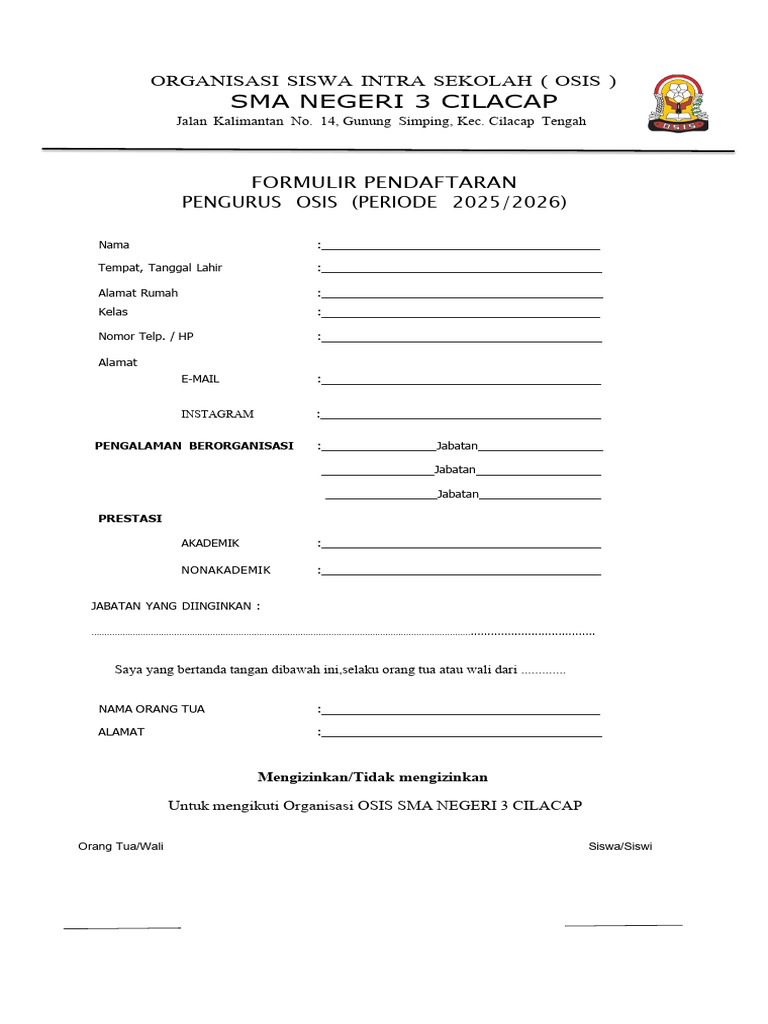 Formulir Pendaftaran OSIS | PDF