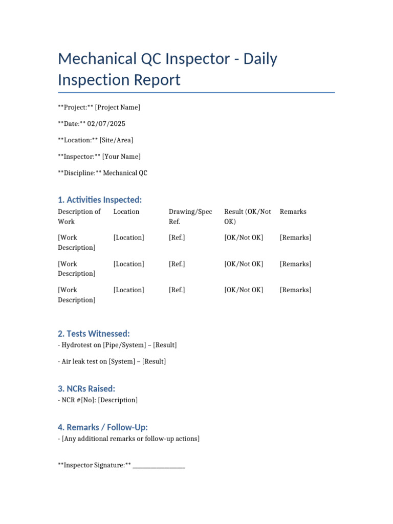 Daily Mechanical QC Inspection Report | PDF