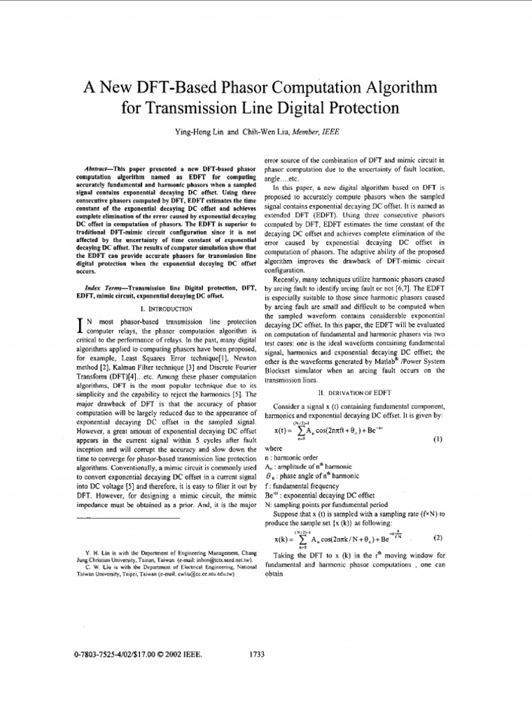 New DFT-Based Phasor Computation Algorithm For Transmission Line Digital Protection | PDF ...