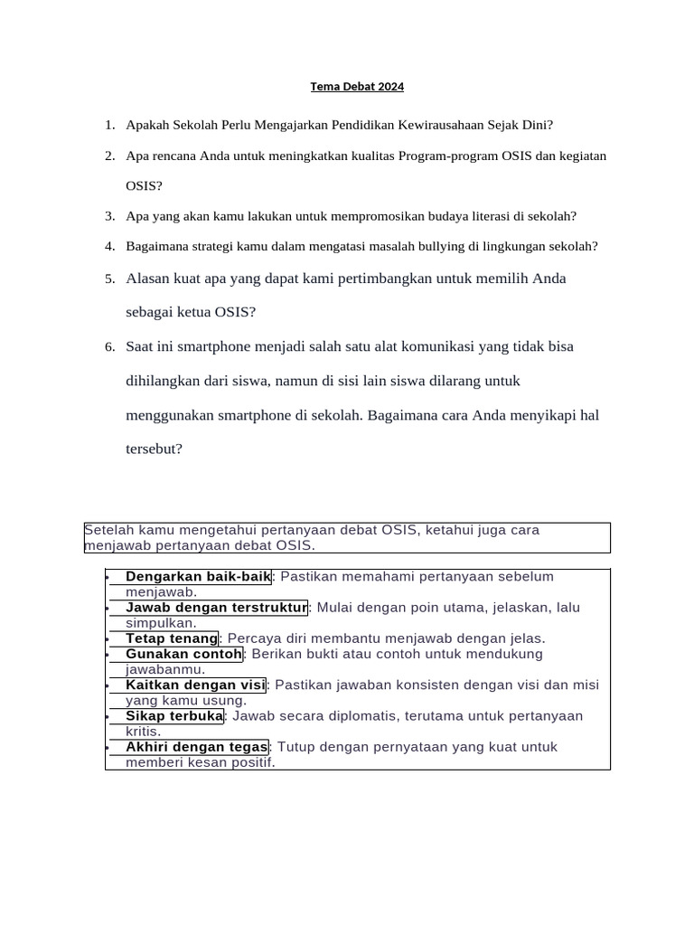 Tema Debat Calon Ketua OSIS 2024 | PDF