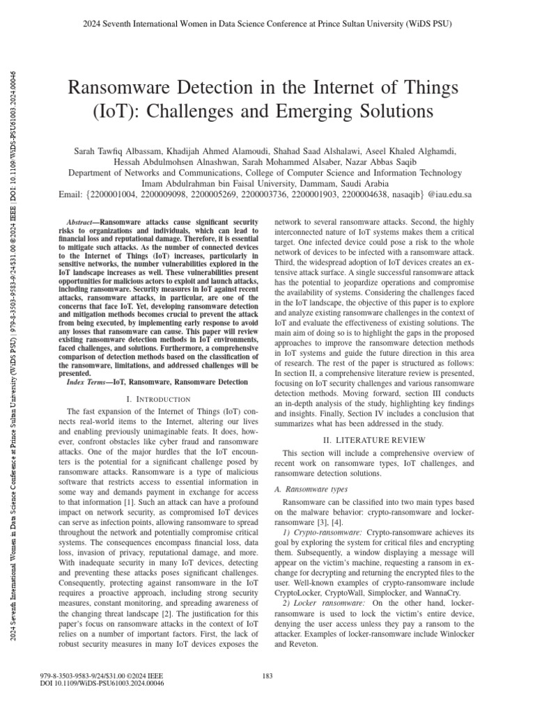 Ransomware Detection in The Internet of Things IoT Challenges and ...