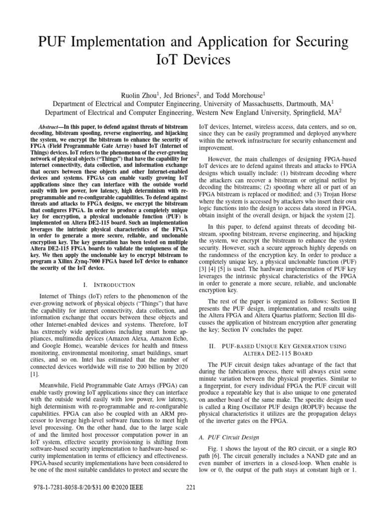PUF Implementation and Application For Securing IoT Devices | PDF | Field Programmable Gate ...