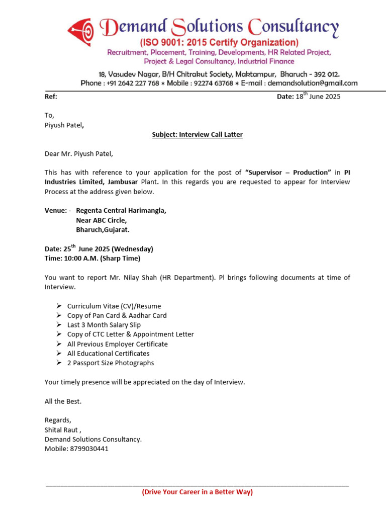 Interview Letter PI Jambusar - Piyush Patel | PDF