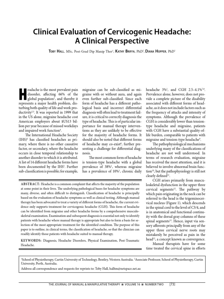 Clinical Evaluation of Cervicogenic Headache-A Clinical Perspective | PDF | Headache | Migraine
