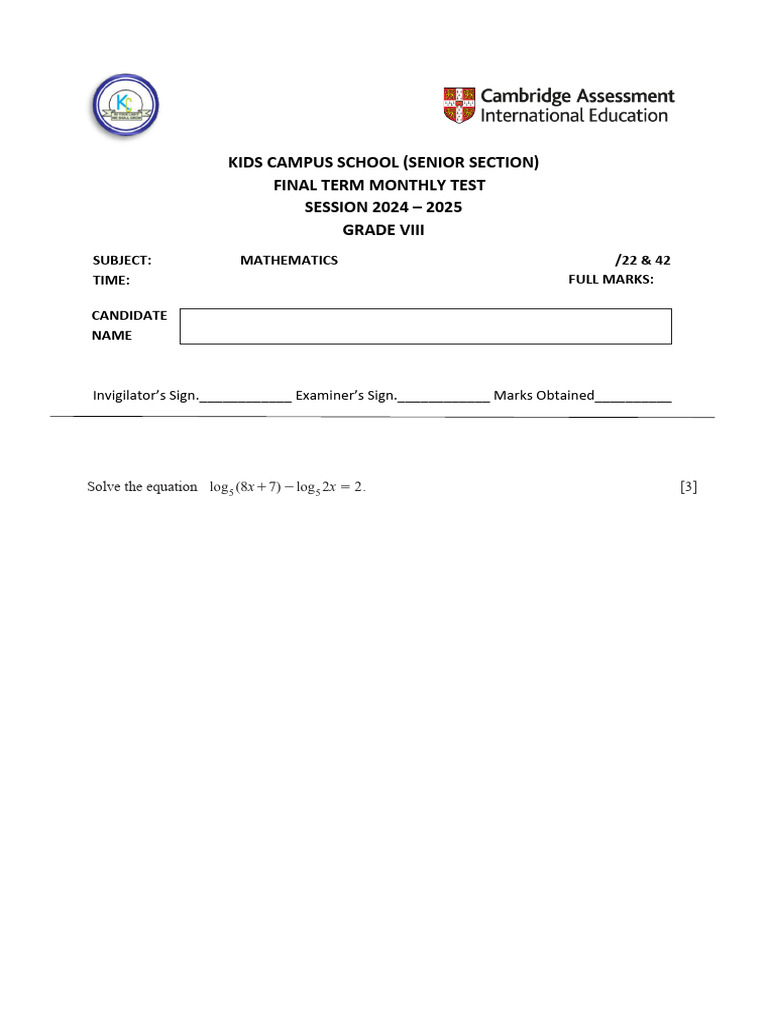 G8 ADD MATH - Final Term Monthly Test - 2 17CP - 2025 | PDF