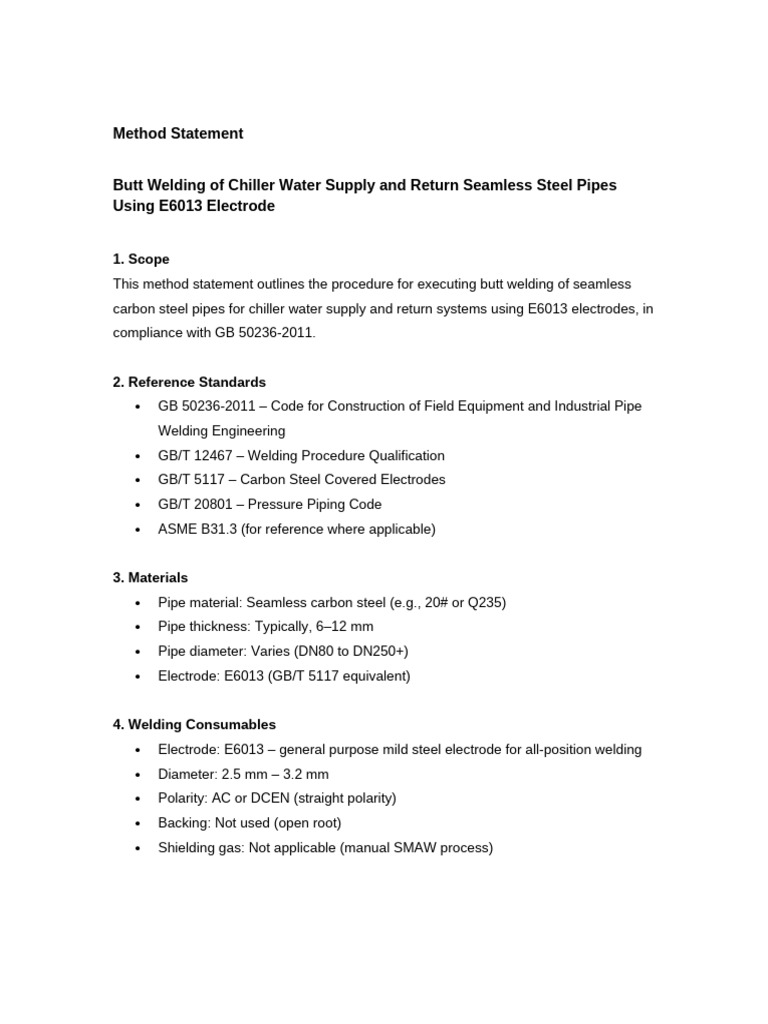 Method Statement Butt Welding E6013 & Welding Procedure Specification | PDF | Welding | Construction