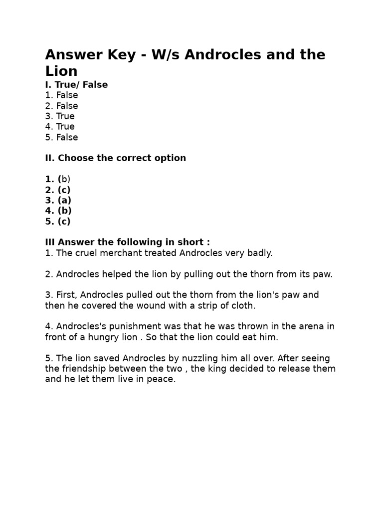 Androcles and the Lion Answer Key | PDF