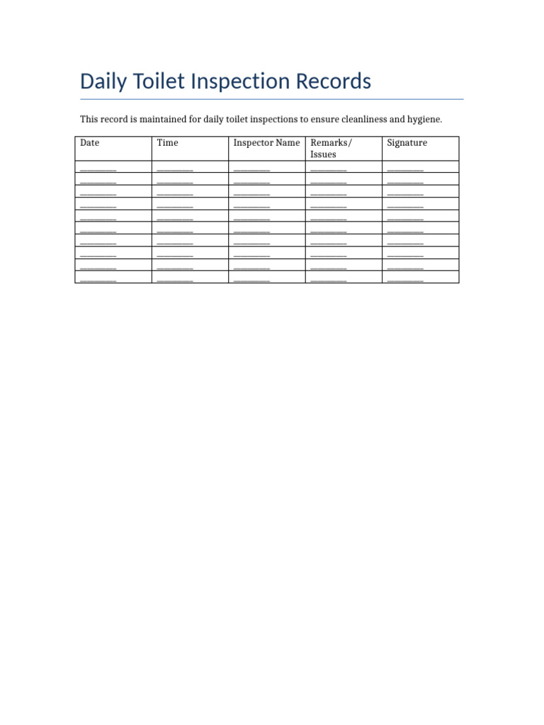 Daily Toilet Inspection Log Template | PDF