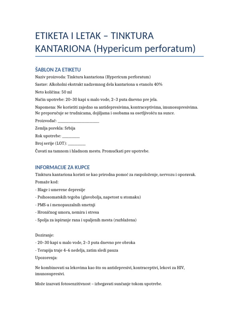 Tinktura Kantarion Etiketa Letak | PDF