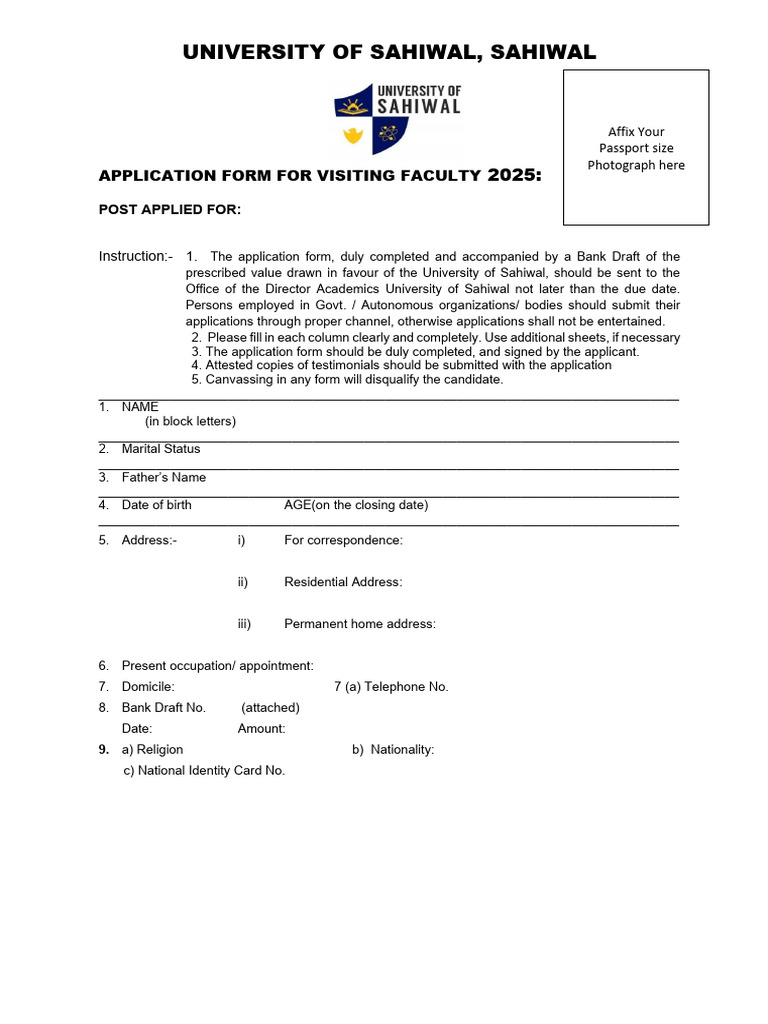 Job Application Form Visiting 2025 | PDF