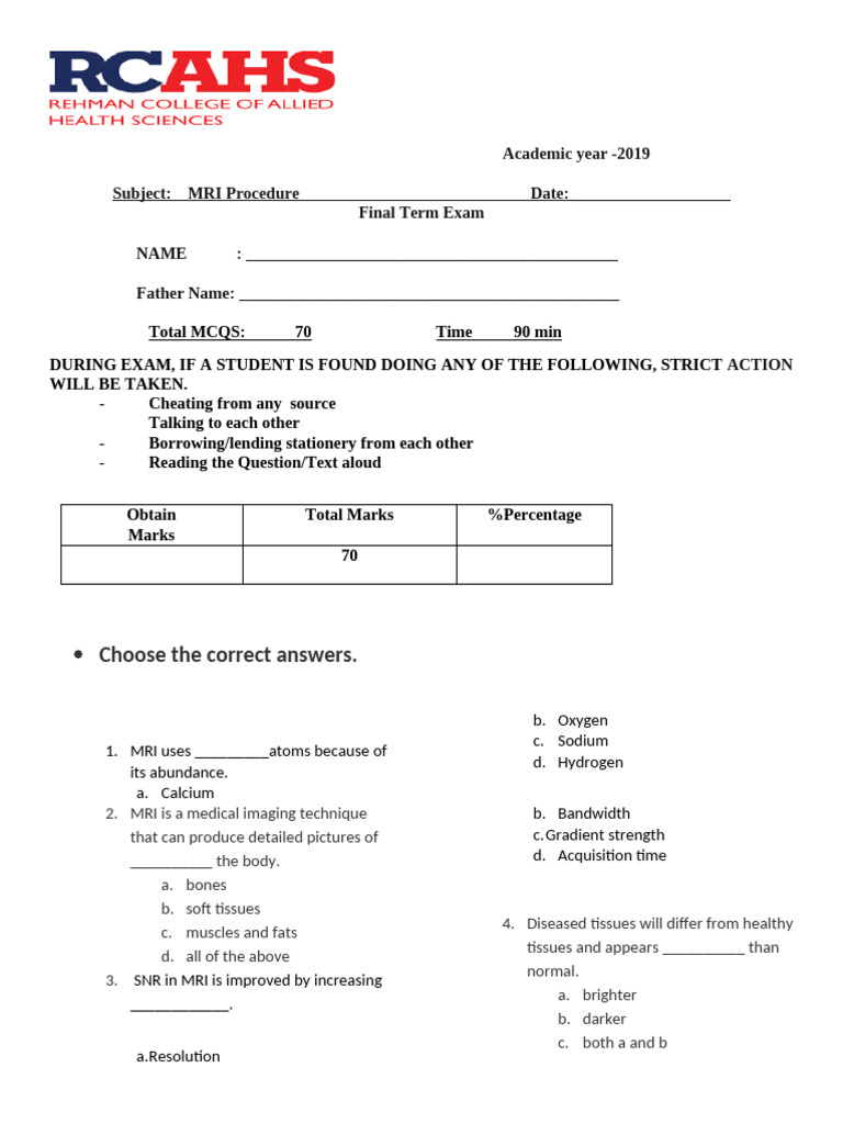 MRI Procedure Final Paper 6th Sem | PDF | Magnetic Resonance Imaging ...
