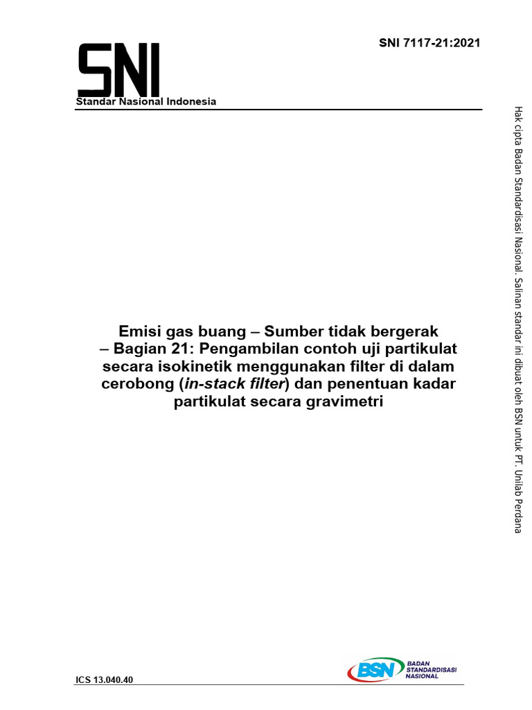 SNI 7117-21-2021 - Pengambilan Contoh Uji Partikulat Isokinetik | PDF