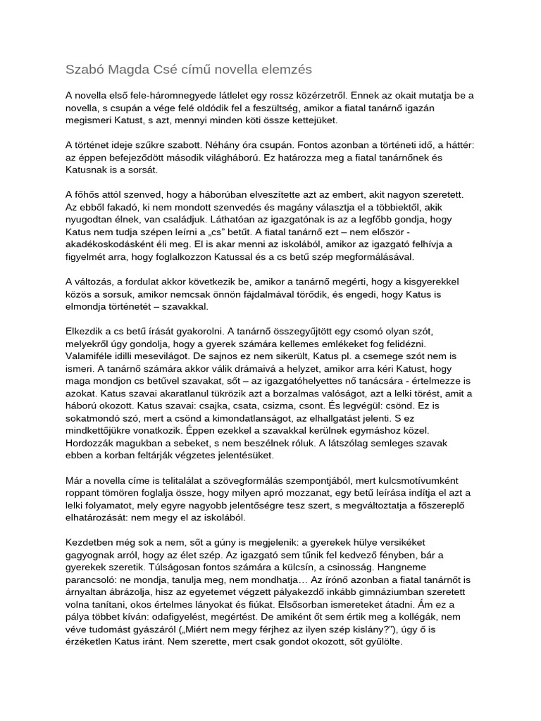 Szabó Magda Csé Című Novella Elemzés | PDF
