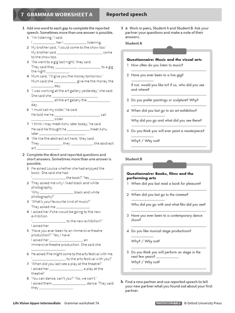 Reported Speech Grammar Exercises | PDF | The Arts