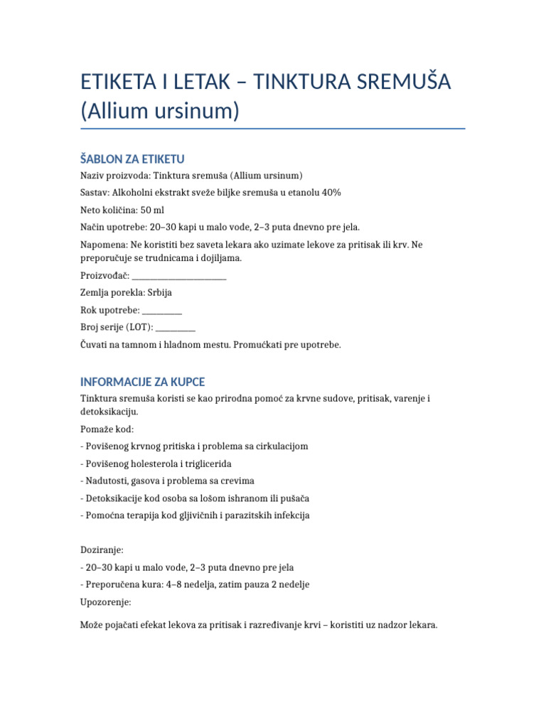 Tinktura Sremus Etiketa Letak | PDF