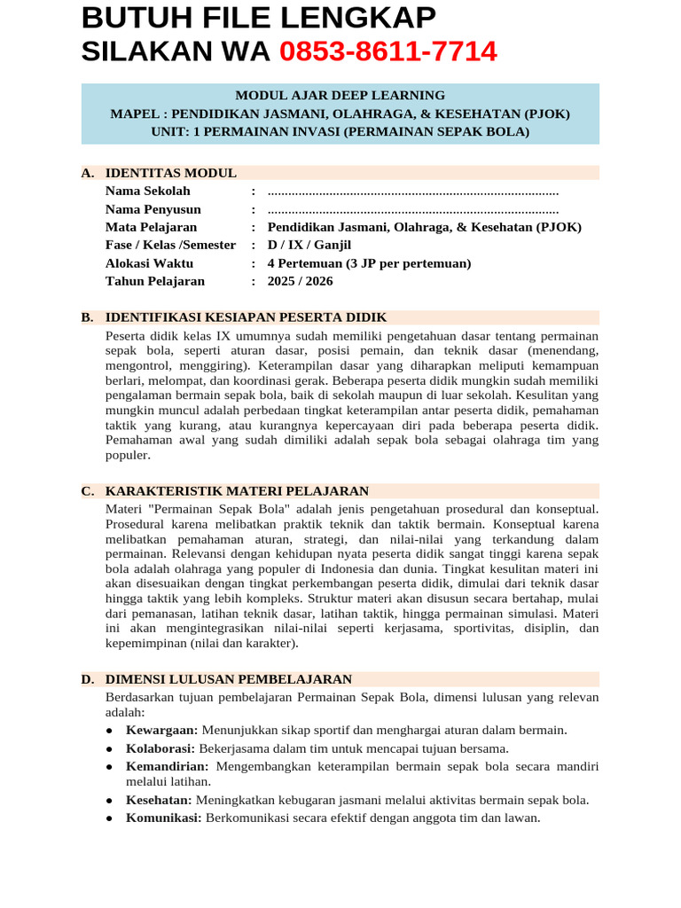 Modul Ajar Deep Learning PJOK Kelas 9 Terbaru 2025 | PDF