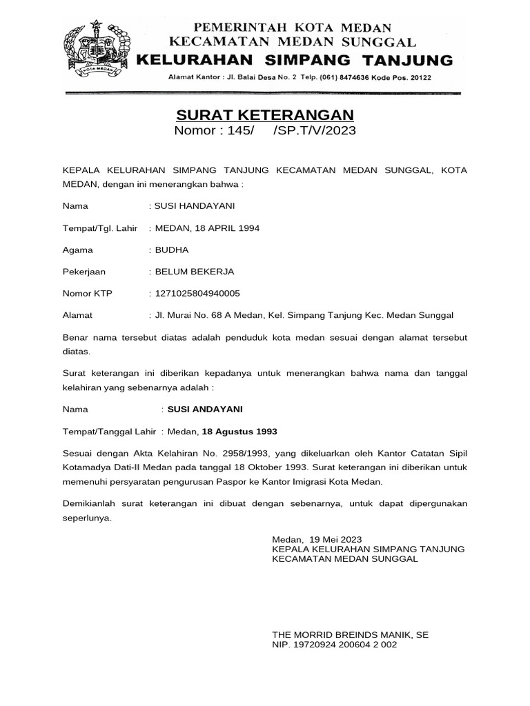 Surat Keterangan Identitas Susi Handayani | PDF