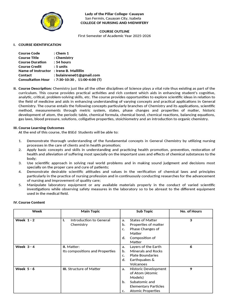 Course Outline Gen Chem | PDF | Chemistry | Chemical Bond