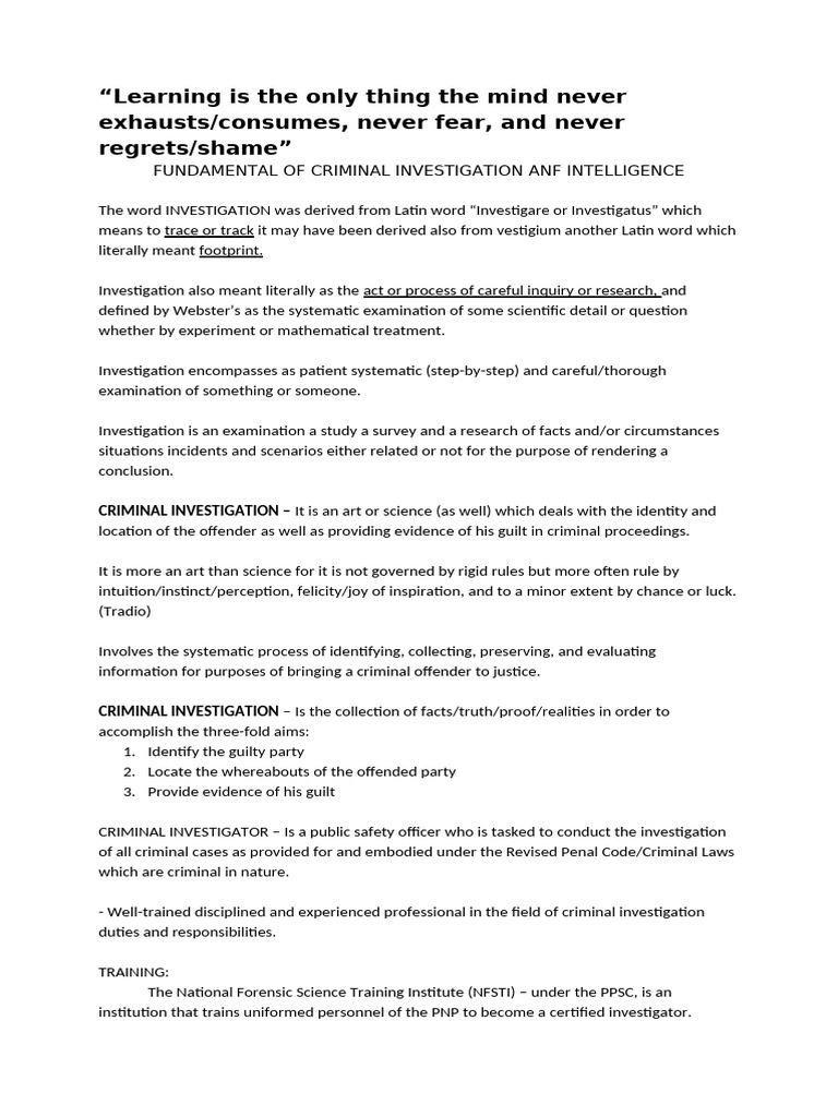 Lecture Criminal Investigation | PDF | Crime Scene | Confession (Law)