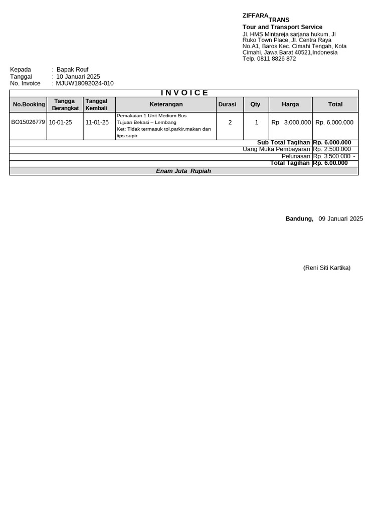 Invoice Sewa Bus Medium Bekasi-Lembang | PDF