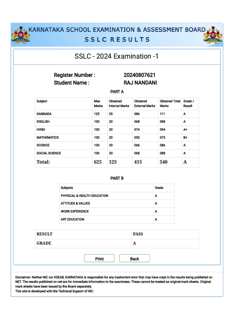 SSLC 2024 Exam 1 Results for Raj Nandani | PDF | Student Assessment And ...