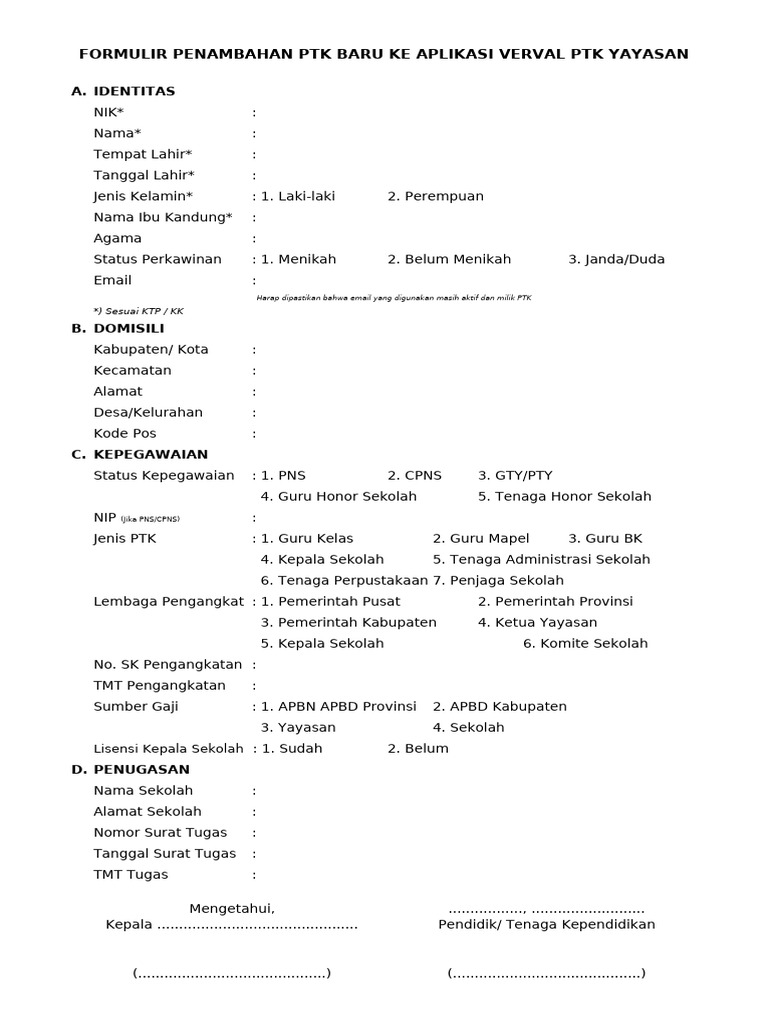 Form Tambah PTK Verval Yayasan | PDF