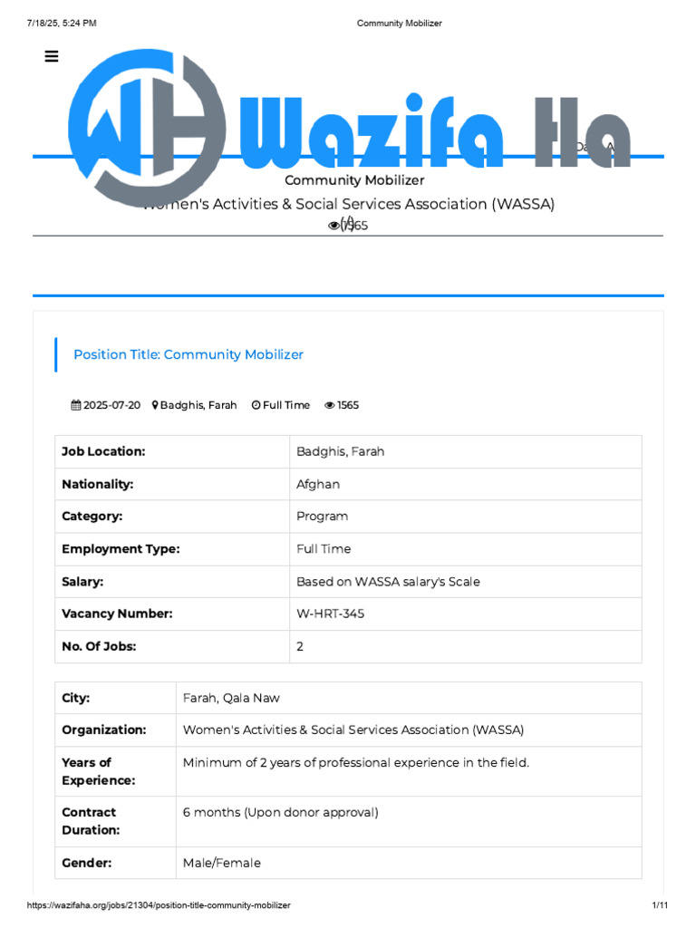 Community Mobilizer Position at WASSA | PDF