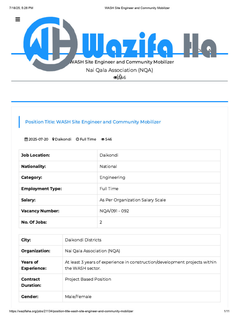 WASH Site Engineer Job in Daikondi | PDF | Wash | Regulatory Compliance