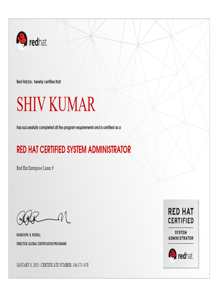 Rhcsa 9 Certificate | PDF