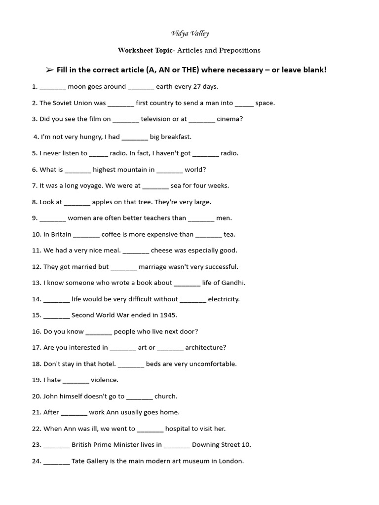 Articles and Prepositions Worksheet | PDF
