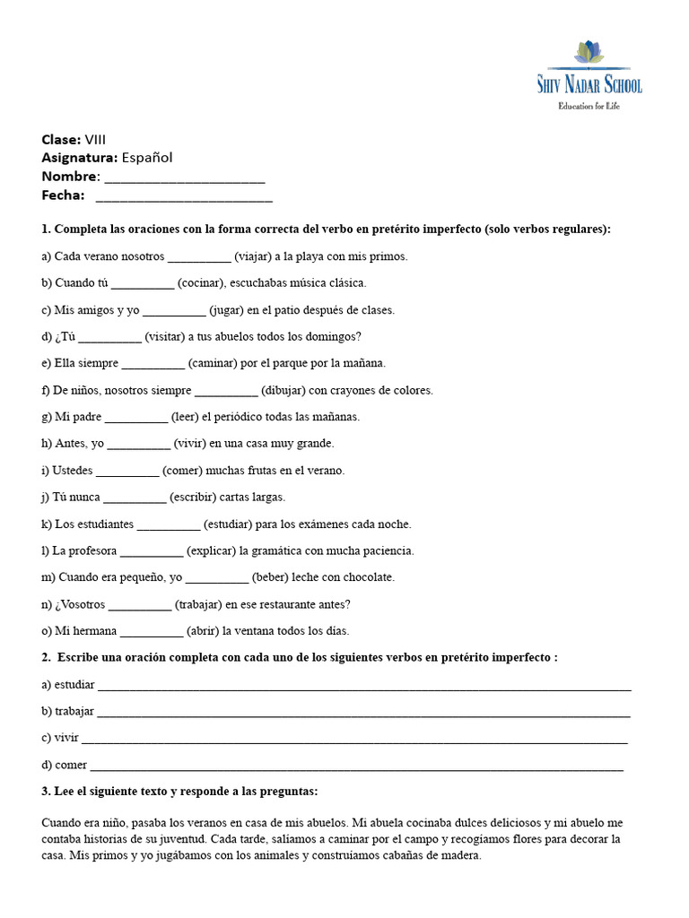 Ejercicios de Pretérito Imperfecto en Español | PDF