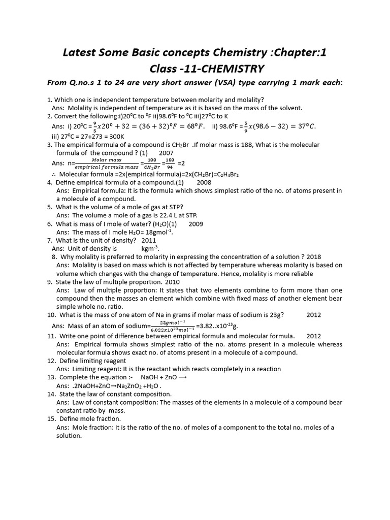 Basic Chemistry Concepts for Class 11 | PDF | Mole (Unit) | Gases