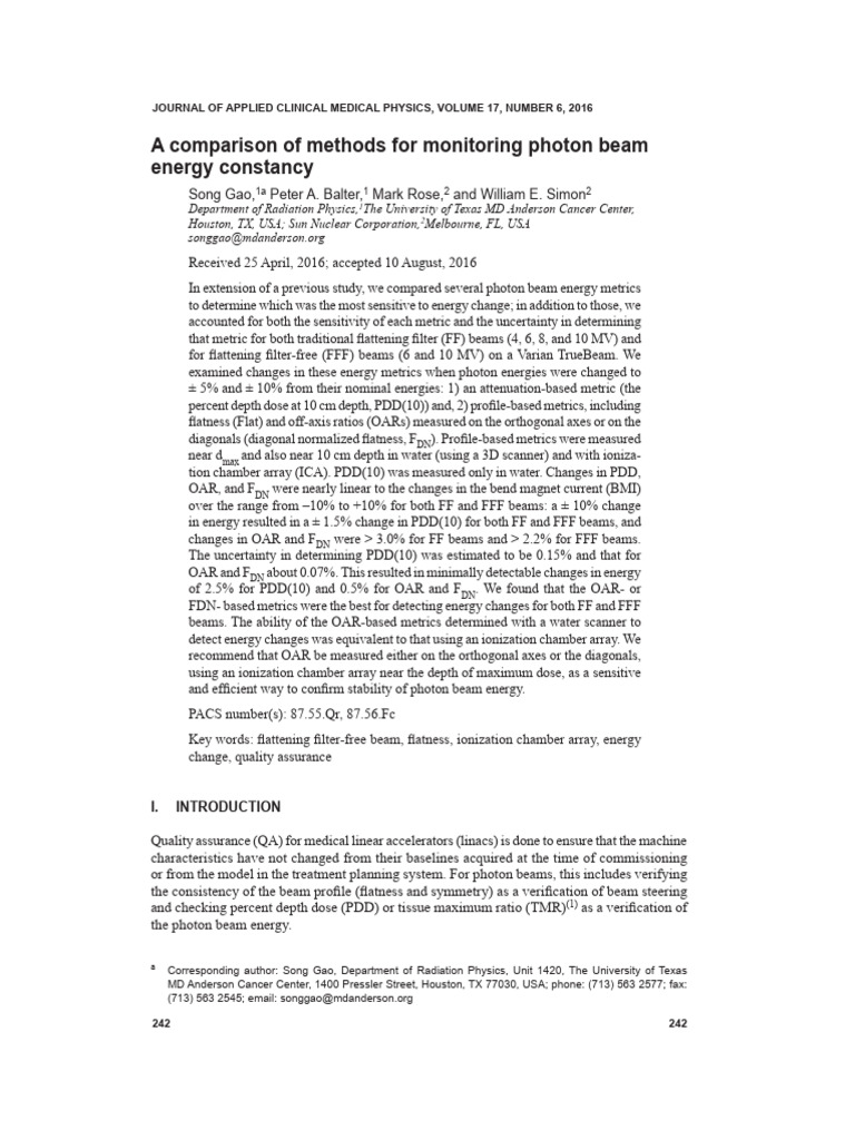 J Applied Clin Med Phys - 2016 - Gao - A Comparison of Methods For Monitoring Photon Beam Energy ...