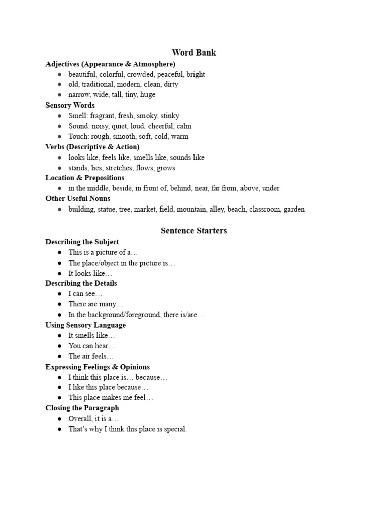 Word Bank and Sentence Starters | PDF