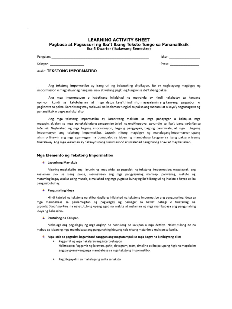 Activity Sheet1 Pagbasa | PDF