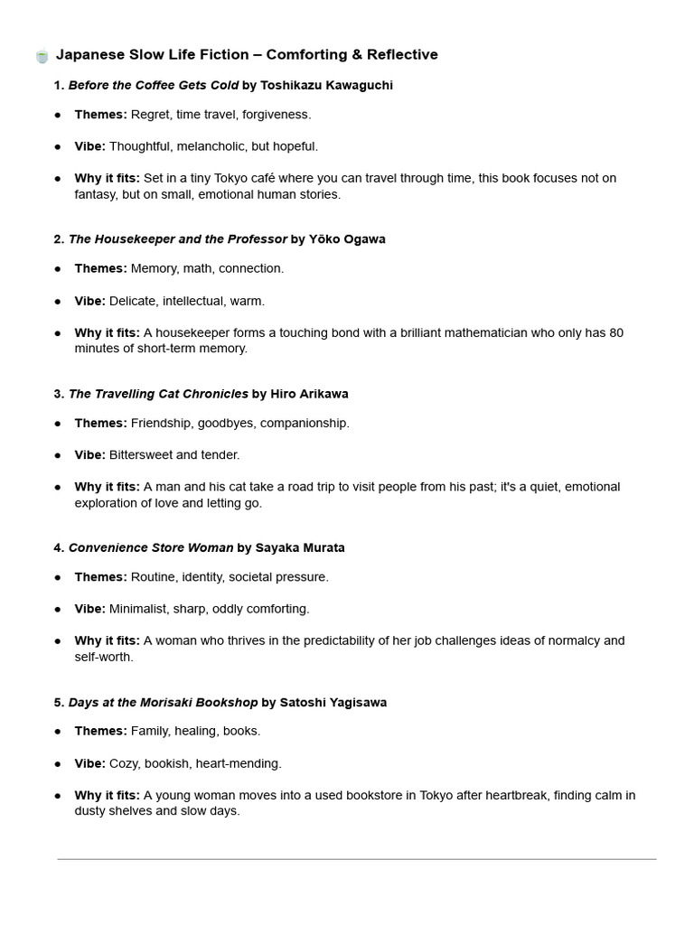 Japanese Slow Life Fiction Recommendations | PDF
