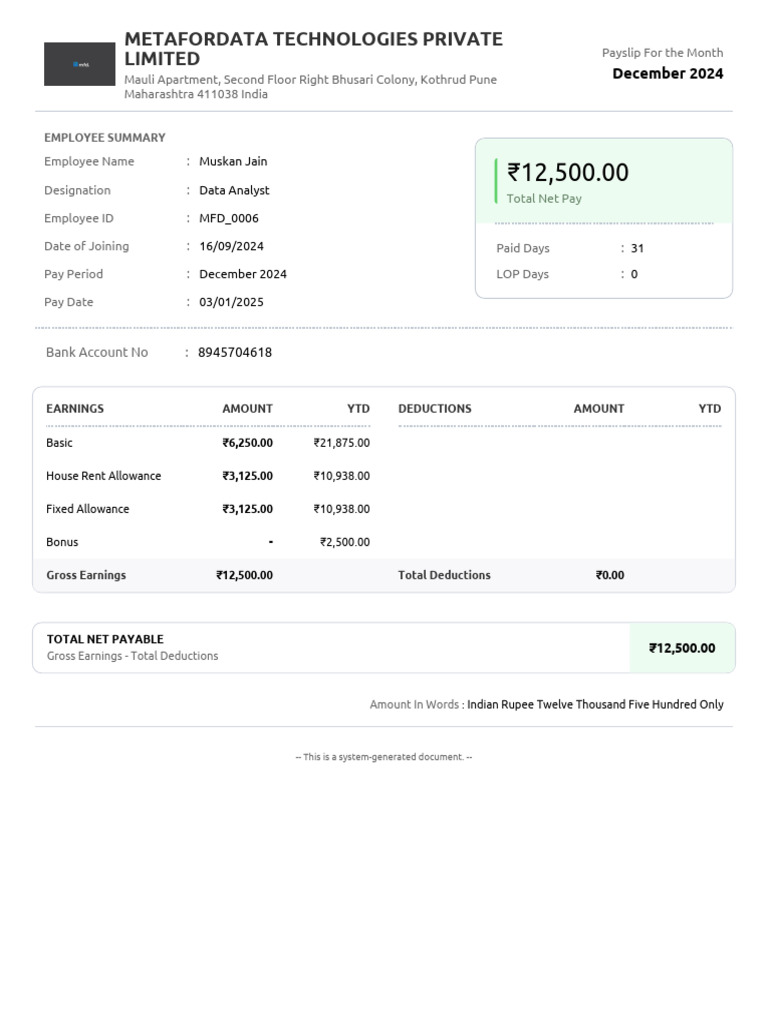 December 2024 Payslip for Muskan Jain | PDF