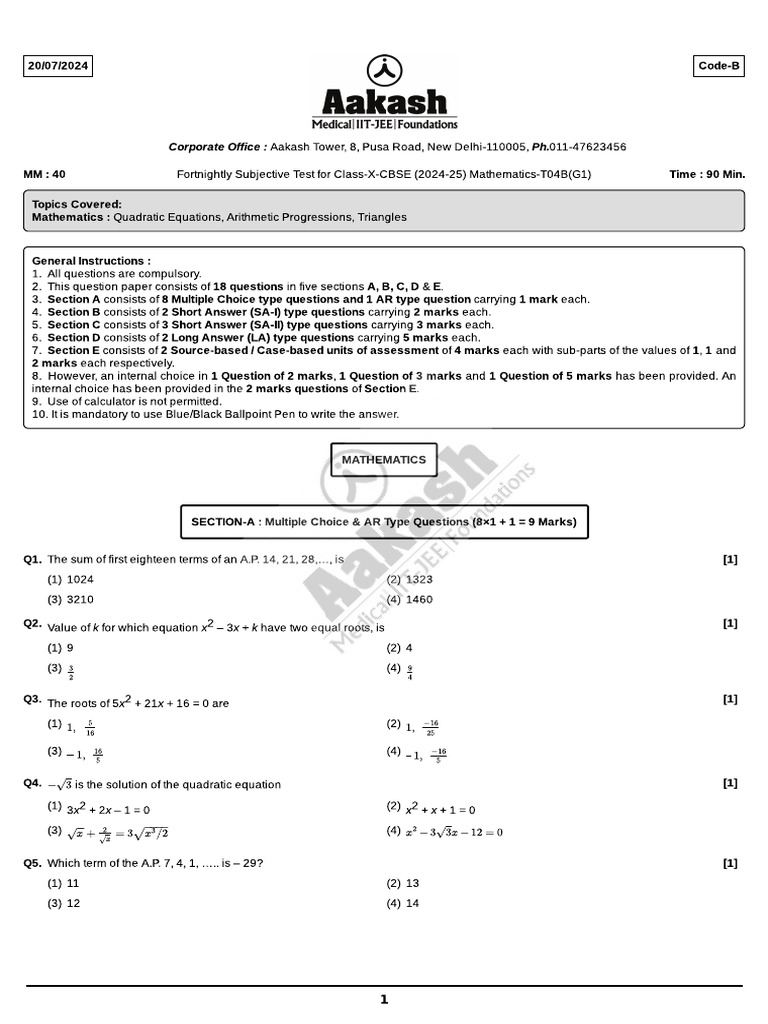 FST-4B (CBSE - G-1) Maths (C-10) (20-07-2024) | PDF