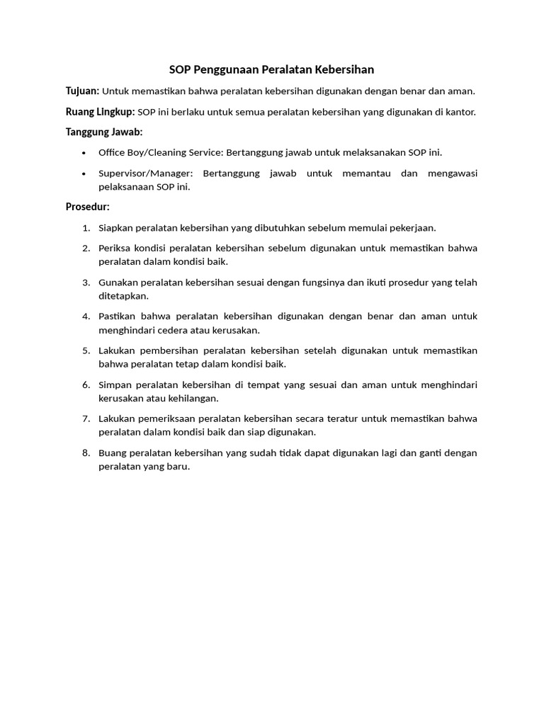 SOP Penggunaan Peralatan Kebersihan | PDF
