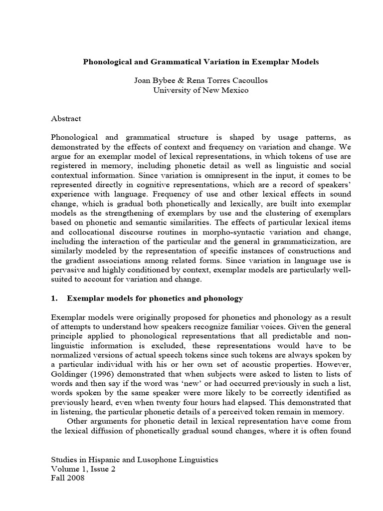 Bybee Torres Cacoullos 2008 Exemplar Models | PDF | Phonetics | Linguistics