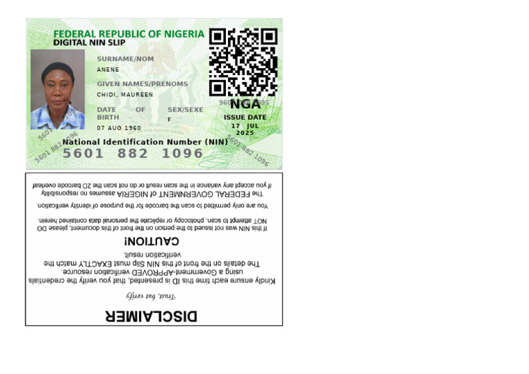 Nin Card Anene Chidi 1752748086 | PDF